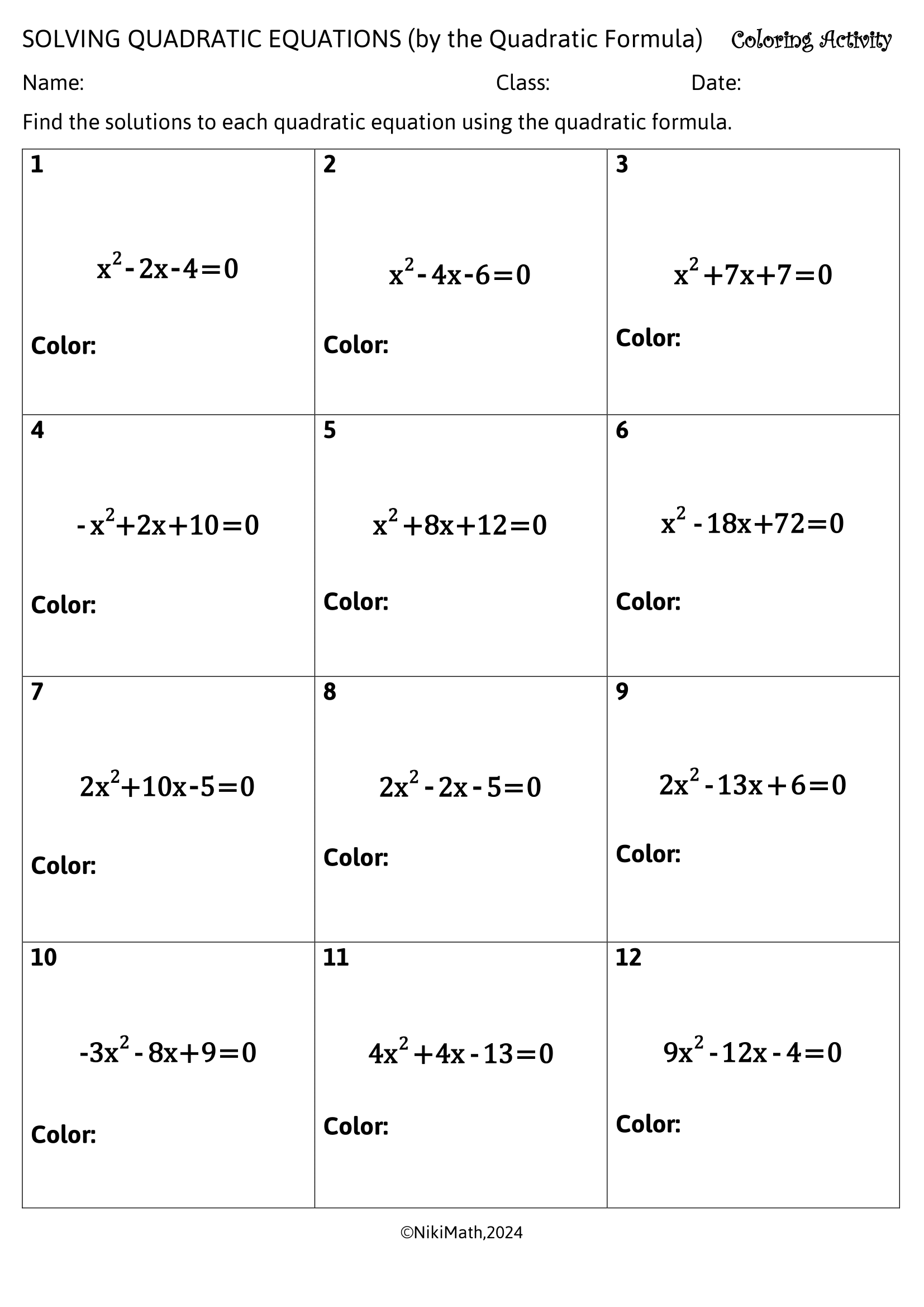 Solving Quadratic Equations Using the Quadratic Formula - Color by Code ...