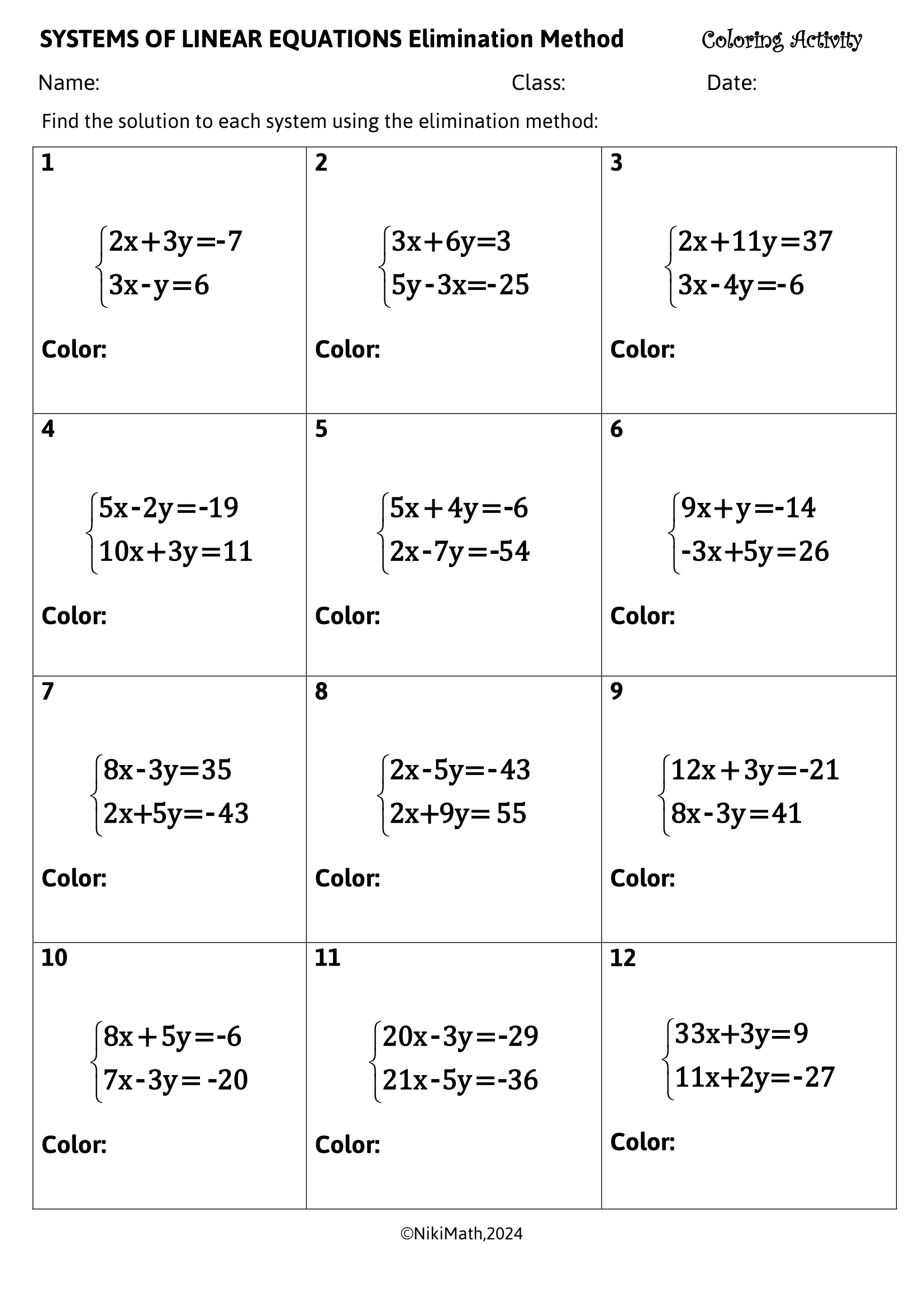 Systems of Linear Equations (Elimination Method) - Color by Code ...