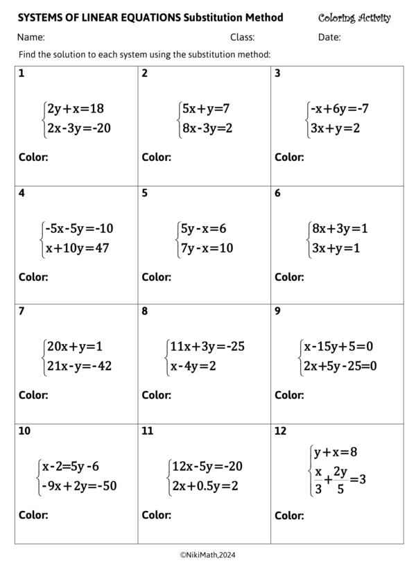 Systems of Linear Equations (Substitution Method) - Color by Code ...