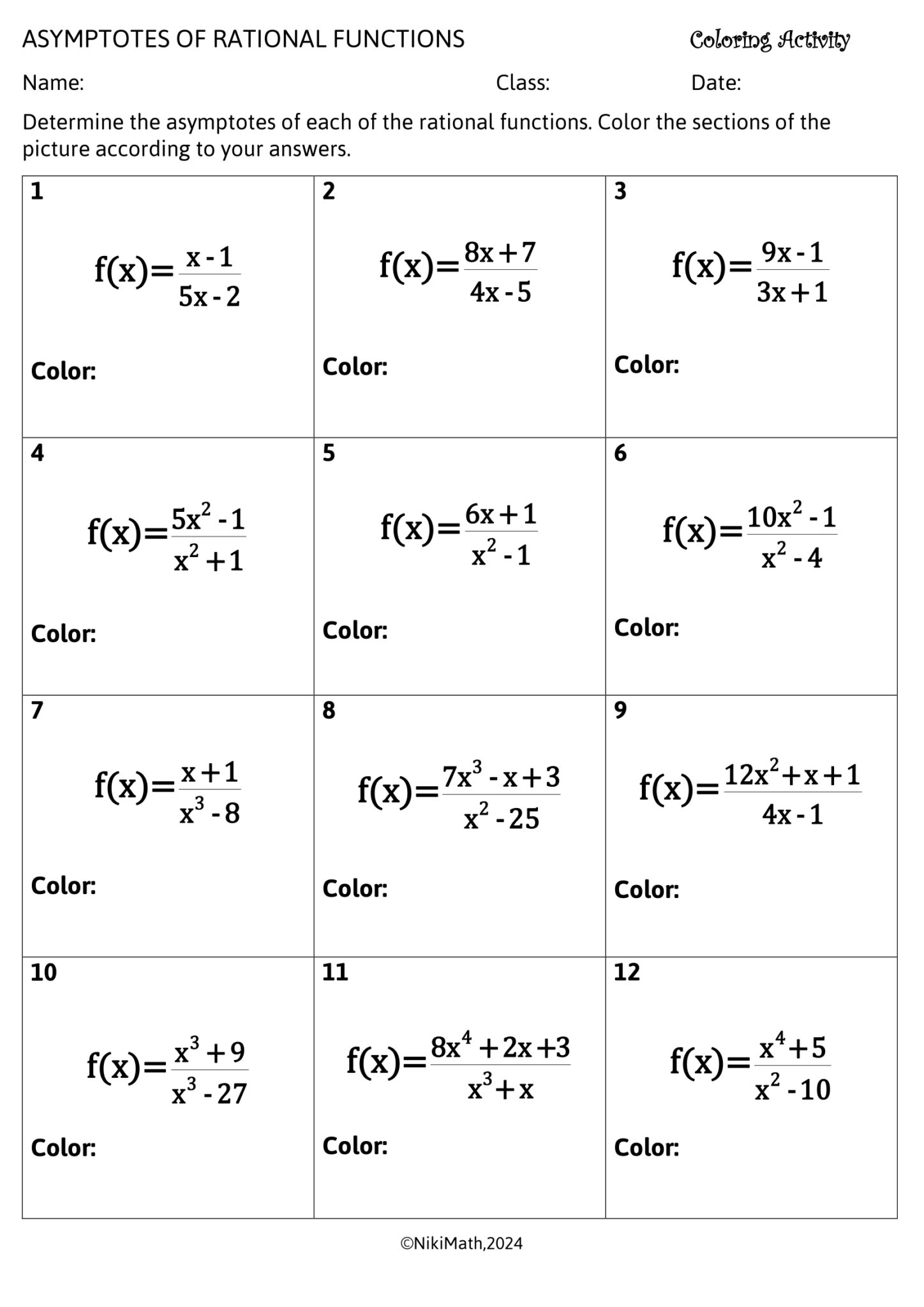 Asymptotes Of Rational Functions Coloring Activity Teacher