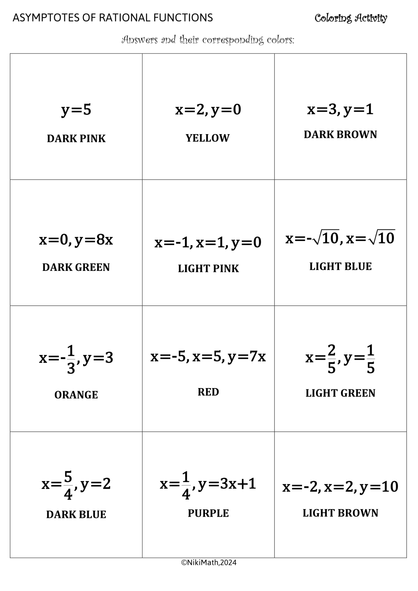 Asymptotes of Rational Functions - Coloring Activity - Teacher ...