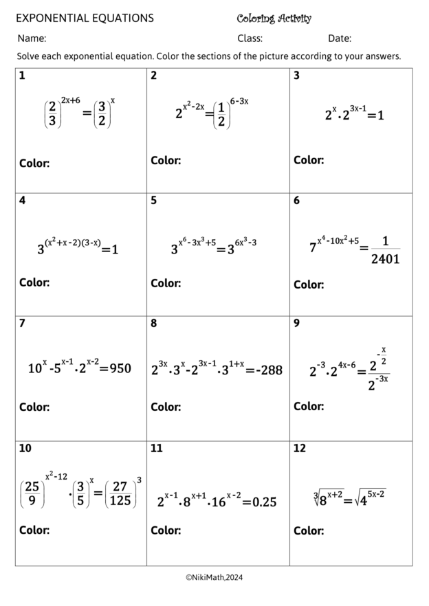 Exponential Equations - Coloring Activity/Color by Code - Teacher ...