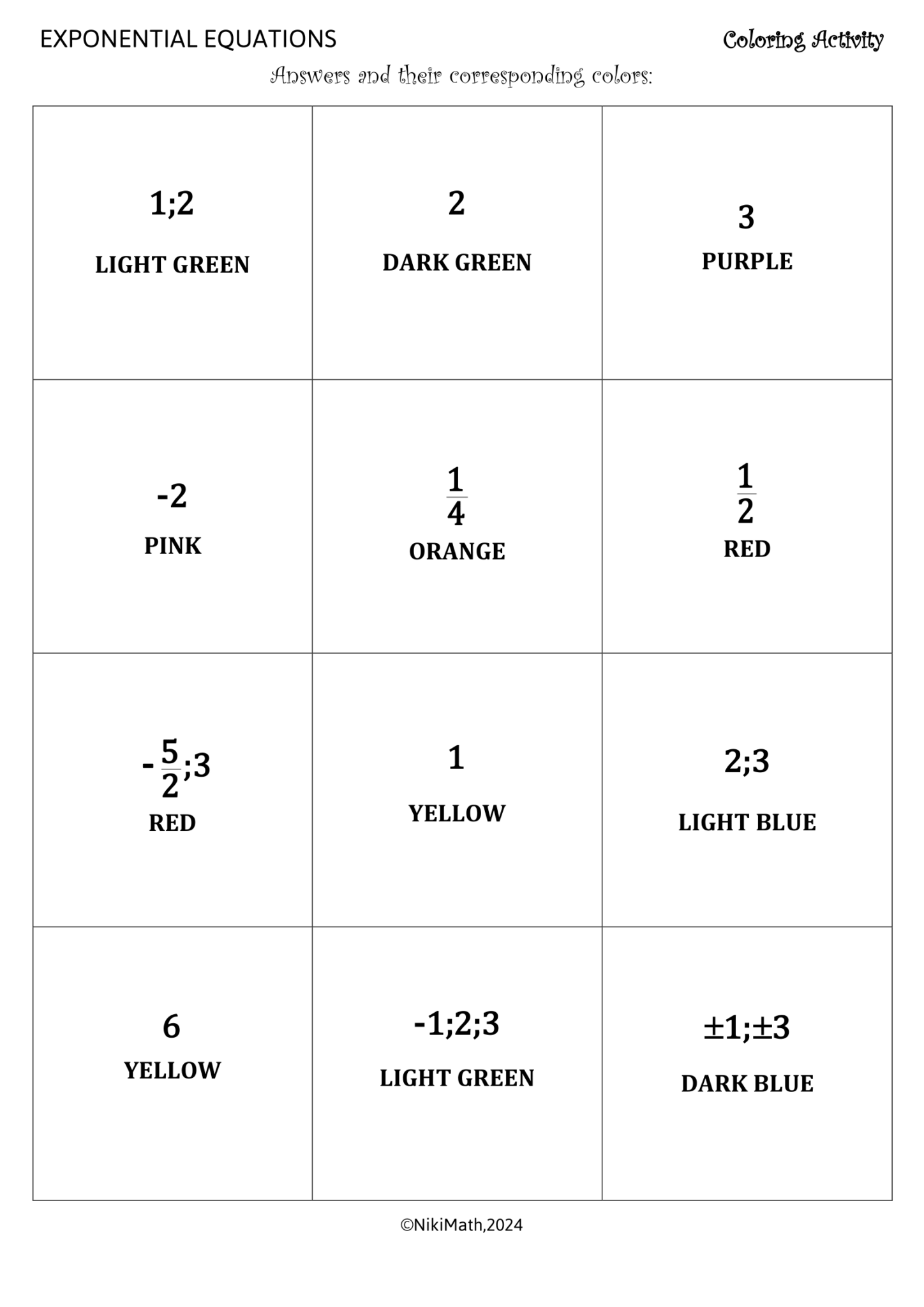 Exponential Equations - Coloring Activity/Color by Code - Teacher ...
