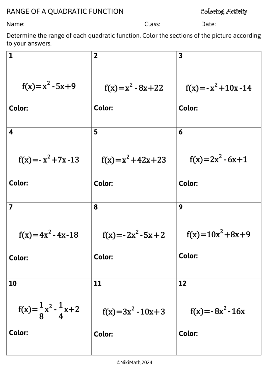 Range of a Quadratic Function - Coloring Activity - Teacher ...