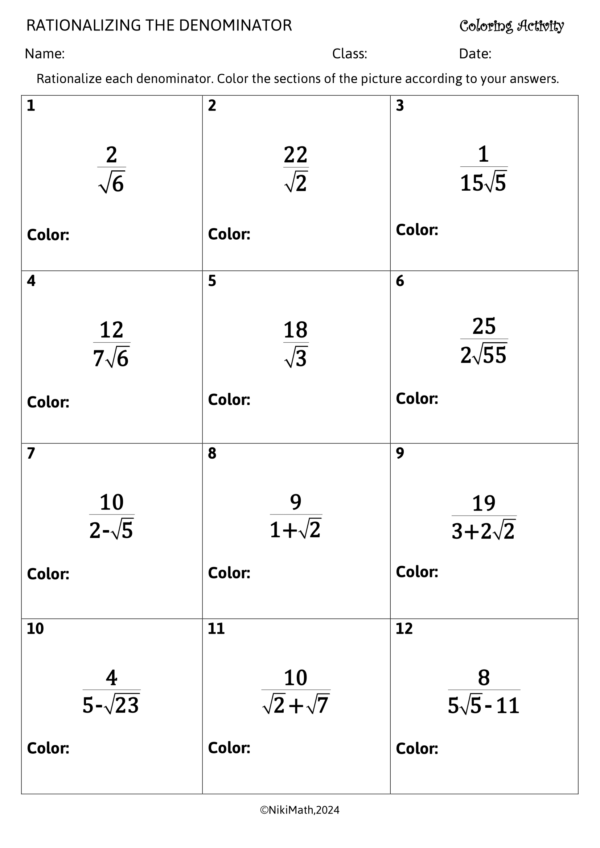 Rationalizing the Denominator - Coloring Activity - Teacher ...