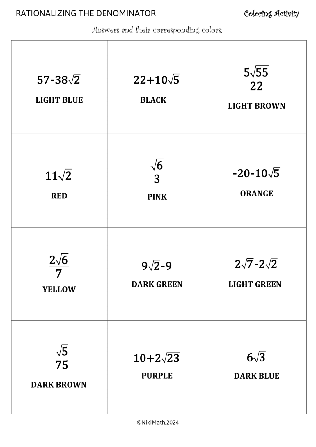 Rationalizing the Denominator - Coloring Activity - Teacher ...