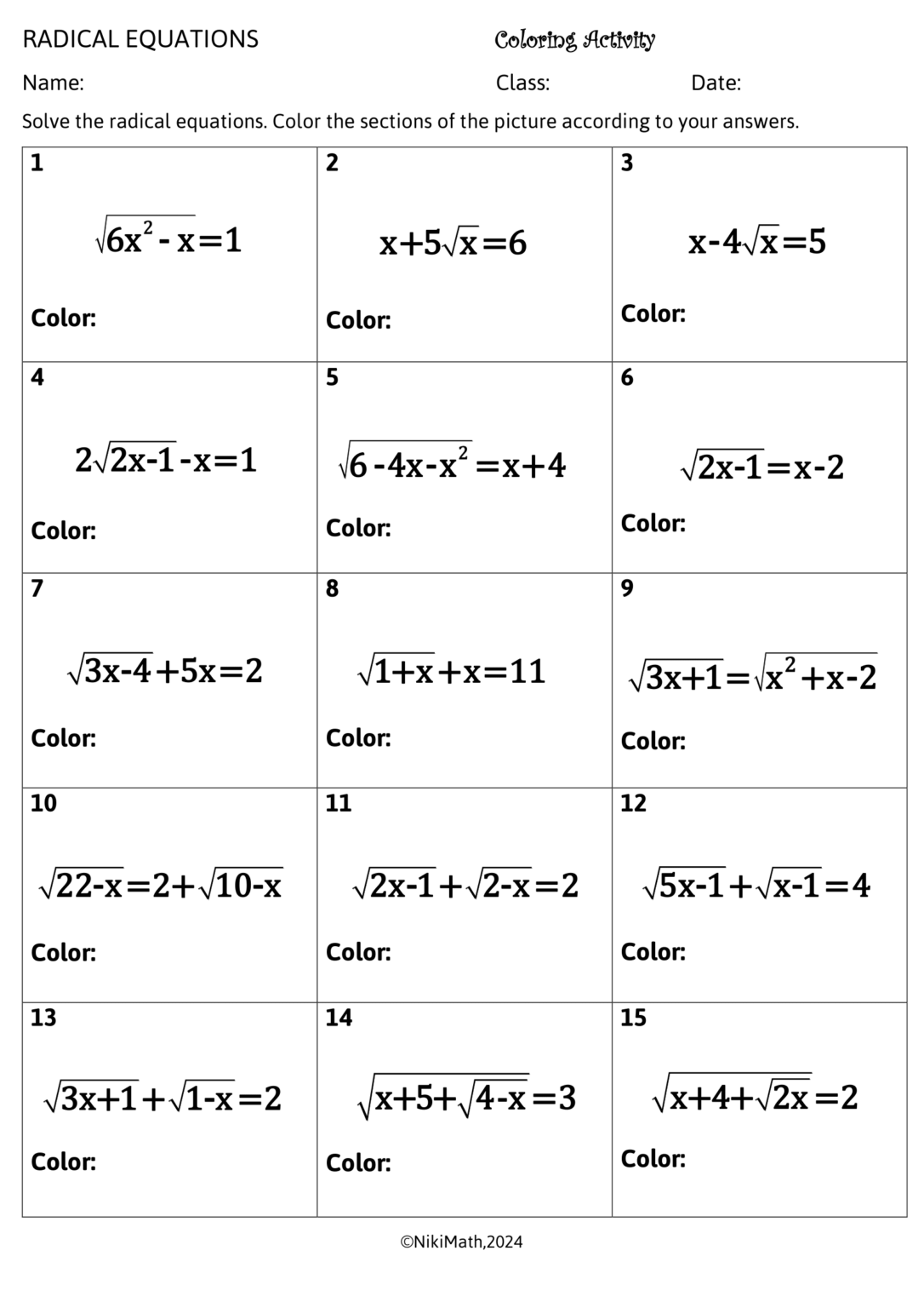 Solving Radical Equations (one and two radicals) - Easter Coloring ...