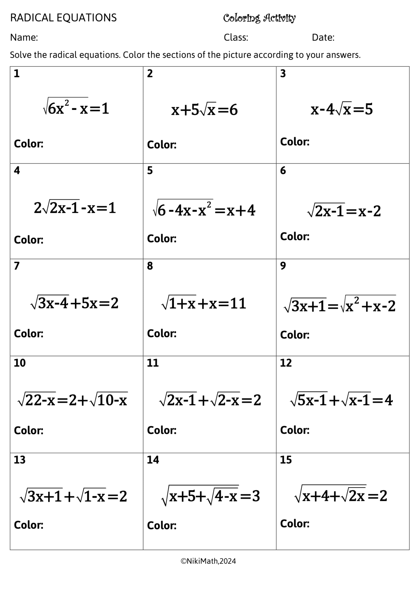 Solving Radical Equations (one and two radicals) - Easter Coloring ...