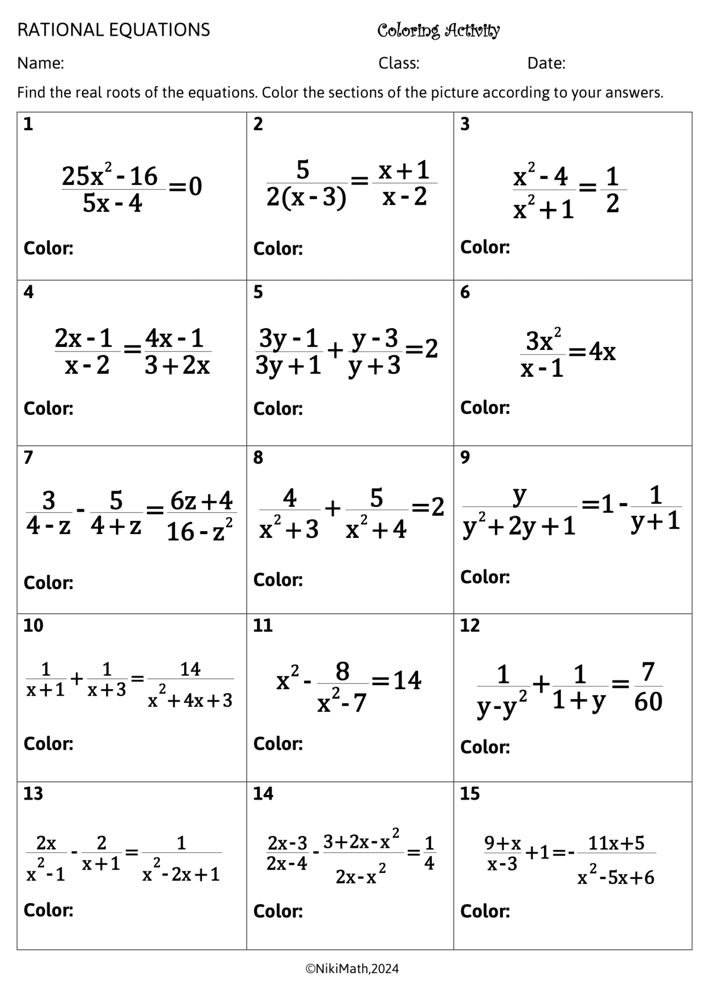 Solving Rational Equations - Coloring Activity - Teacher Professional ...