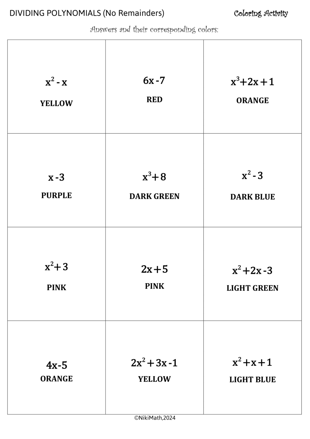 Dividing Polynomials (No Remainders) - Coloring Activity/Color by Code ...