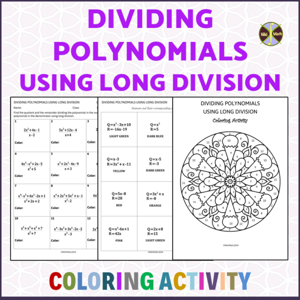 Dividing Polynomials Using Long Division - Coloring Activity/Color by ...