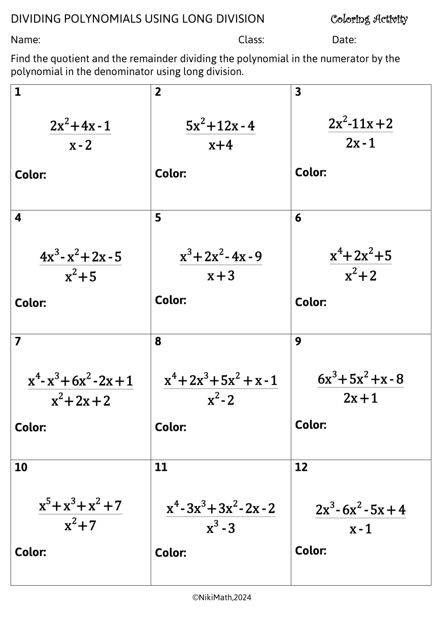 Dividing Polynomials Using Long Division - Coloring Activity/Color by ...