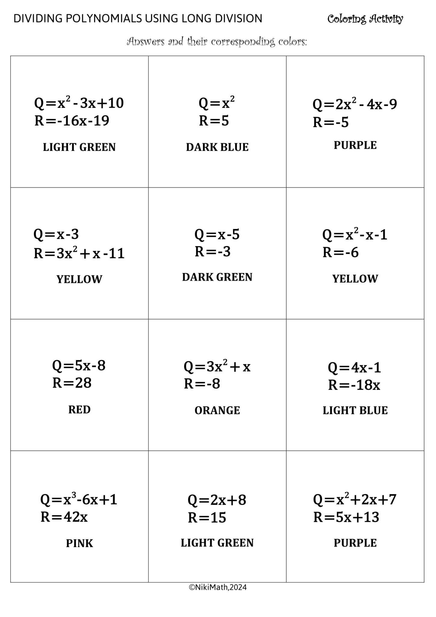 Dividing Polynomials Using Long Division - Coloring Activity/Color by ...