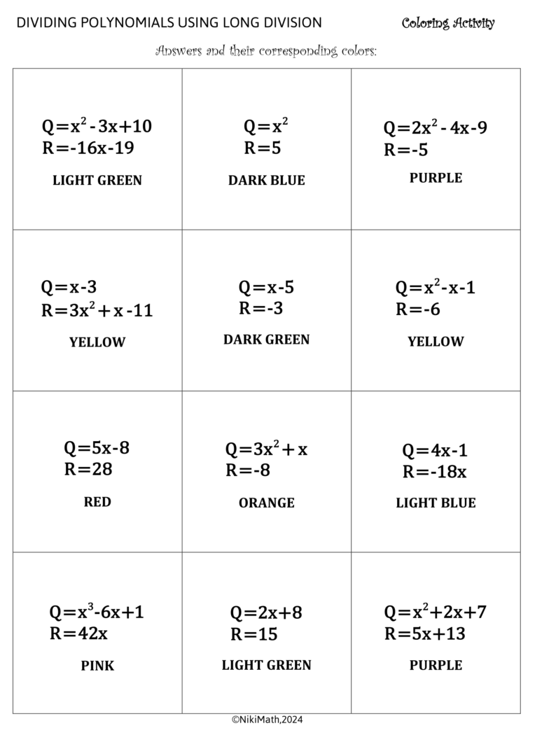 Dividing Polynomials Using Long Division - Coloring Activity/Color by ...