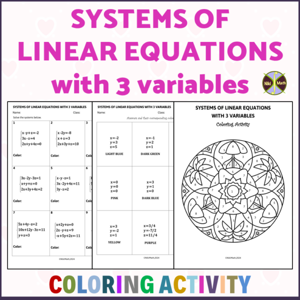 Systems of Linear Equations with 3 Variables - Coloring Activity/Color ...