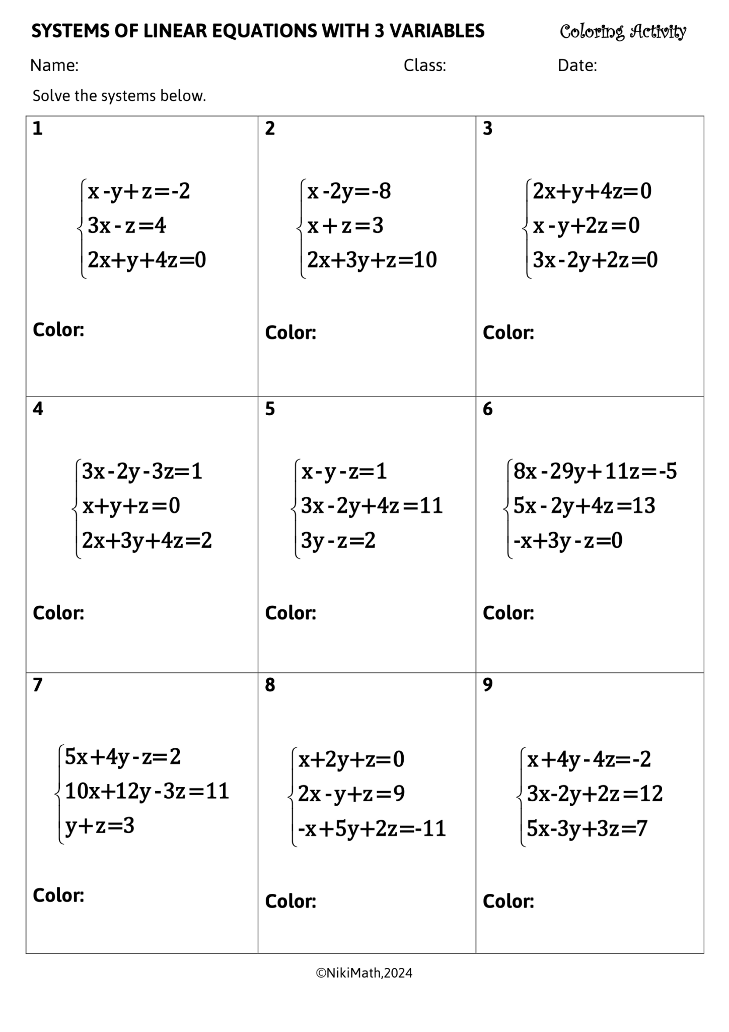 Systems of Linear Equations with 3 Variables - Coloring Activity/Color ...