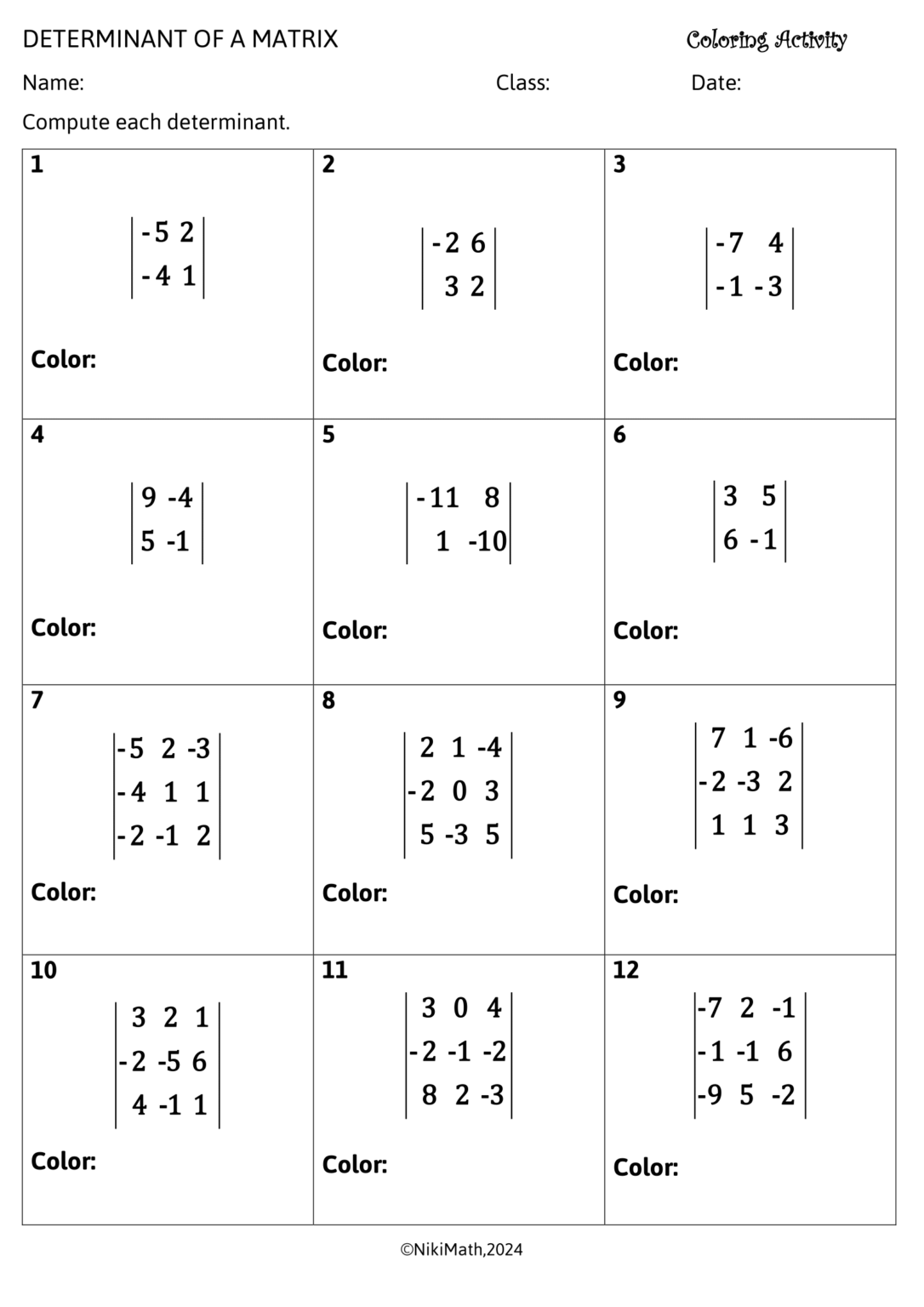 Determinant of a Matrix (2x2 and 3x3) - Coloring Activity/Color by Code ...