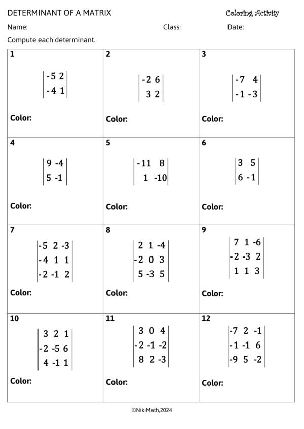Determinant of a Matrix (2x2 and 3x3) - Coloring Activity/Color by Code ...
