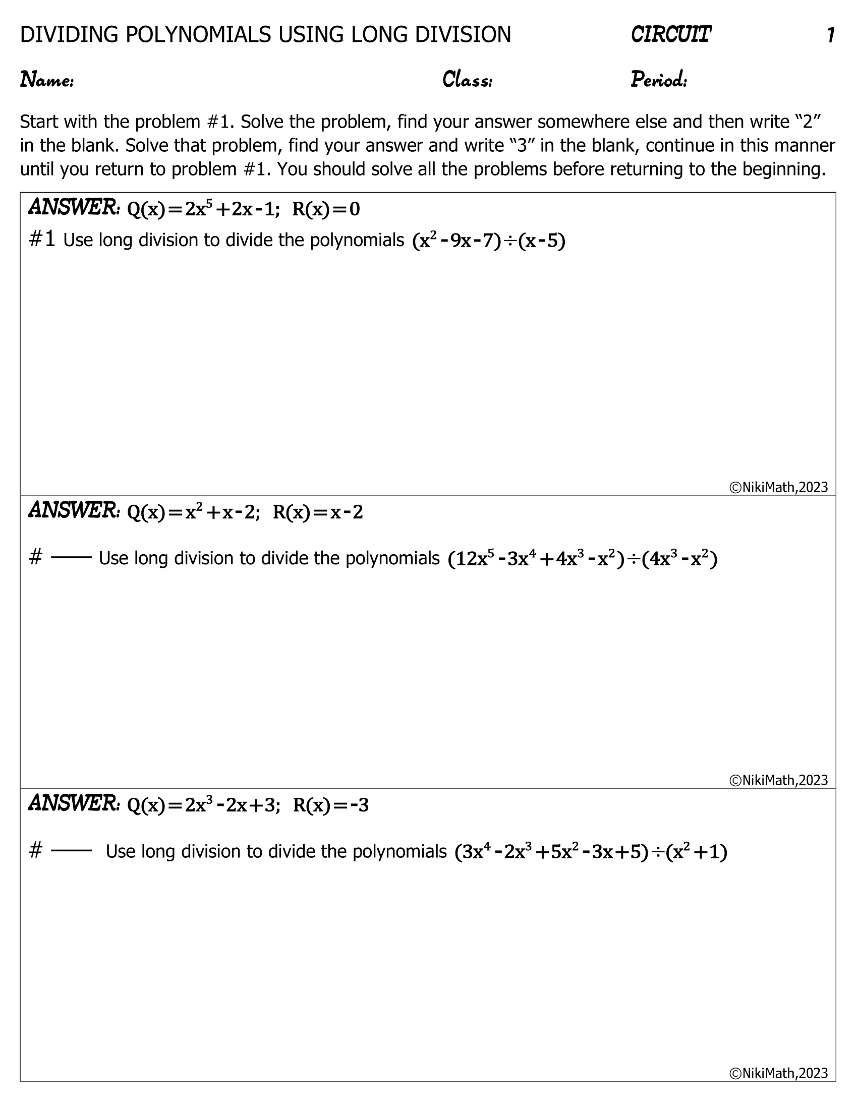 Dividing Polynomials Using Long Division - Circuit (11 problems ...