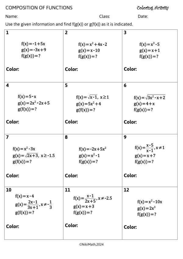 Composition of Functions - Coloring Activity/Color by Code - Teacher ...