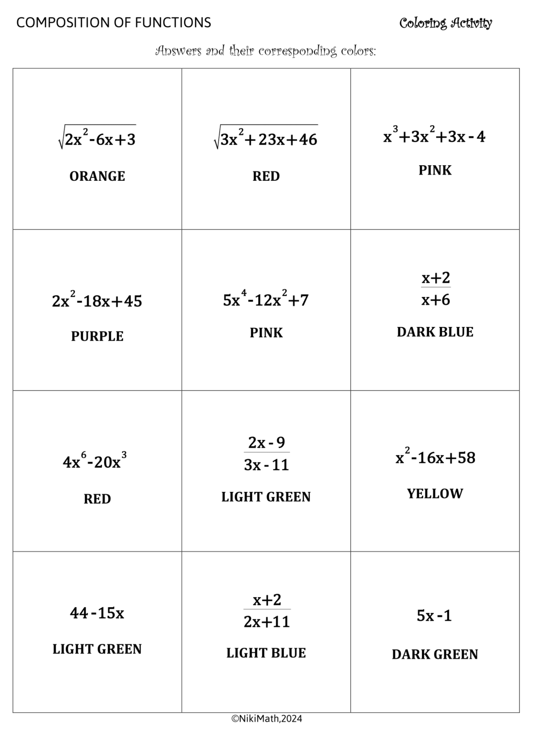 Composition of Functions - Coloring Activity/Color by Code - Teacher ...