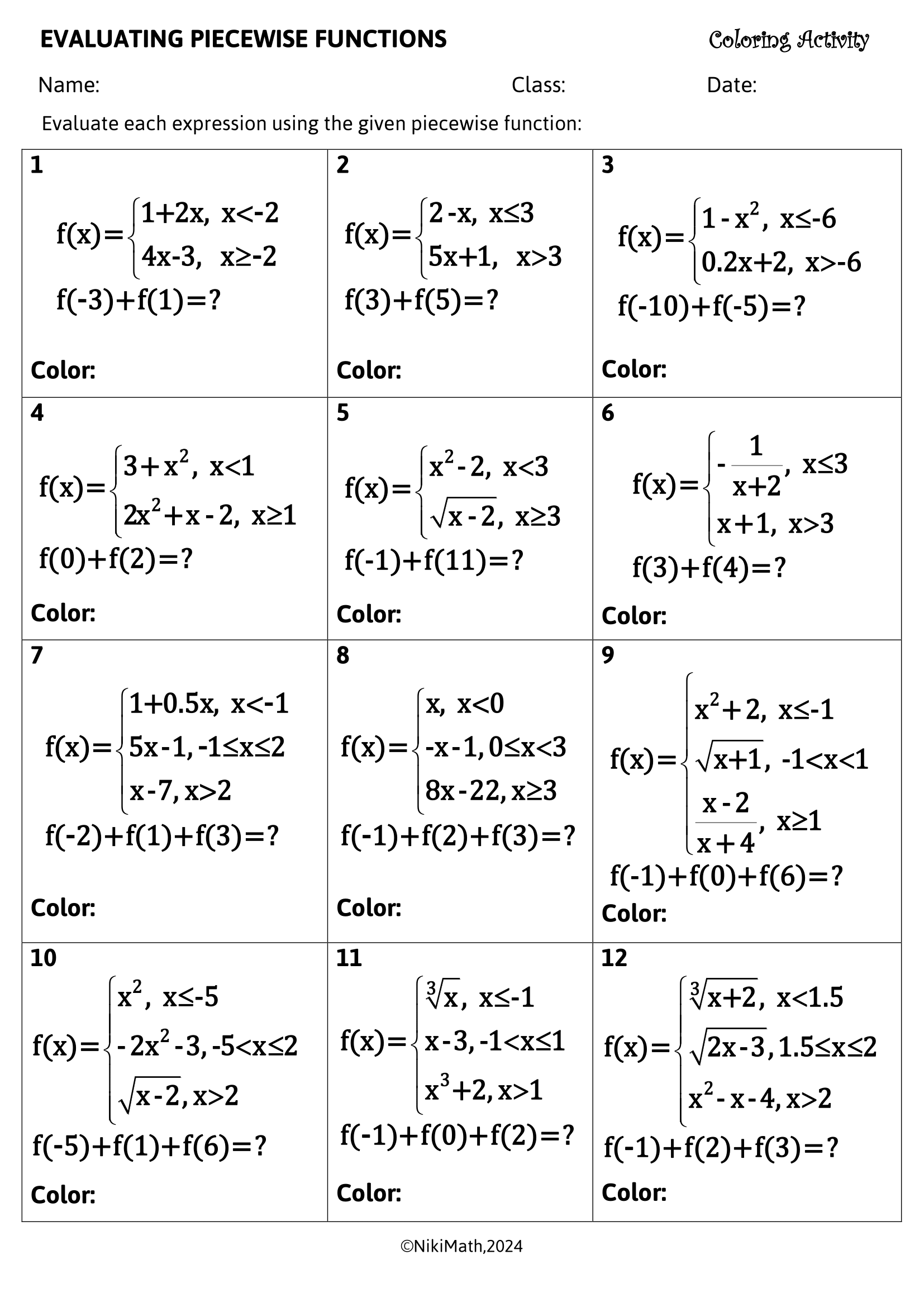 Evaluating Piecewise Functions Coloring Activity Color By Code Teacher Professional Development