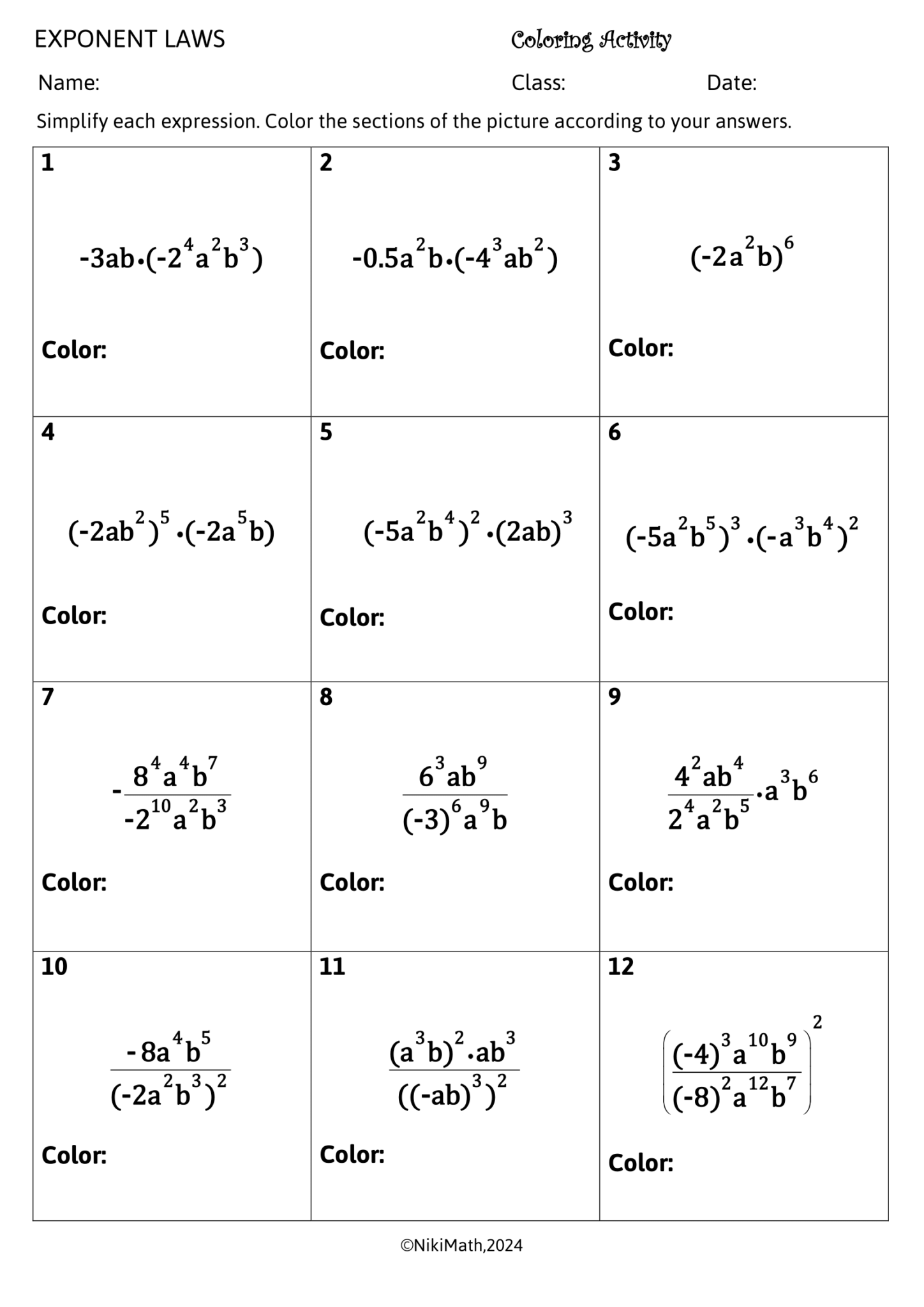 Exponent Rules (Laws of Exponents) - Color by Code - Teacher ...