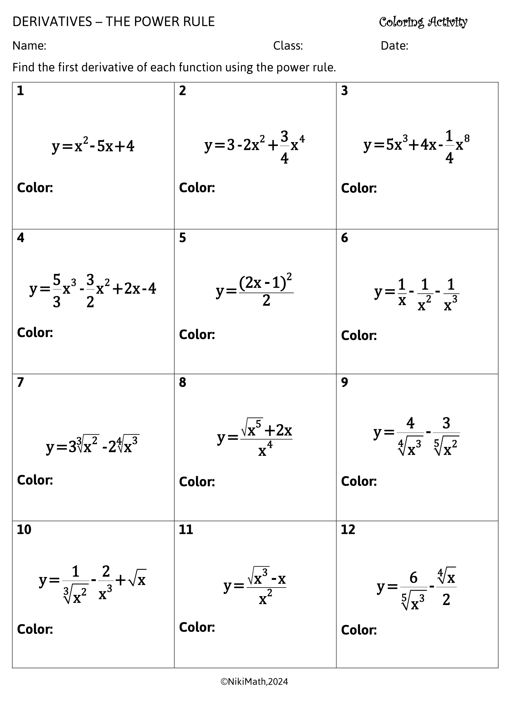 Derivatives The Power Rule - Color by Code - Teacher Professional ...
