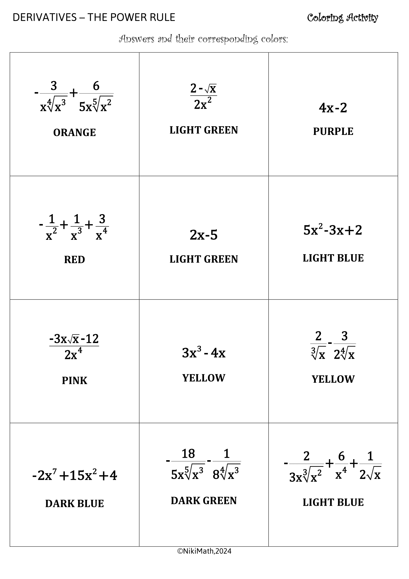 Derivatives The Power Rule - Color by Code - Teacher Professional ...