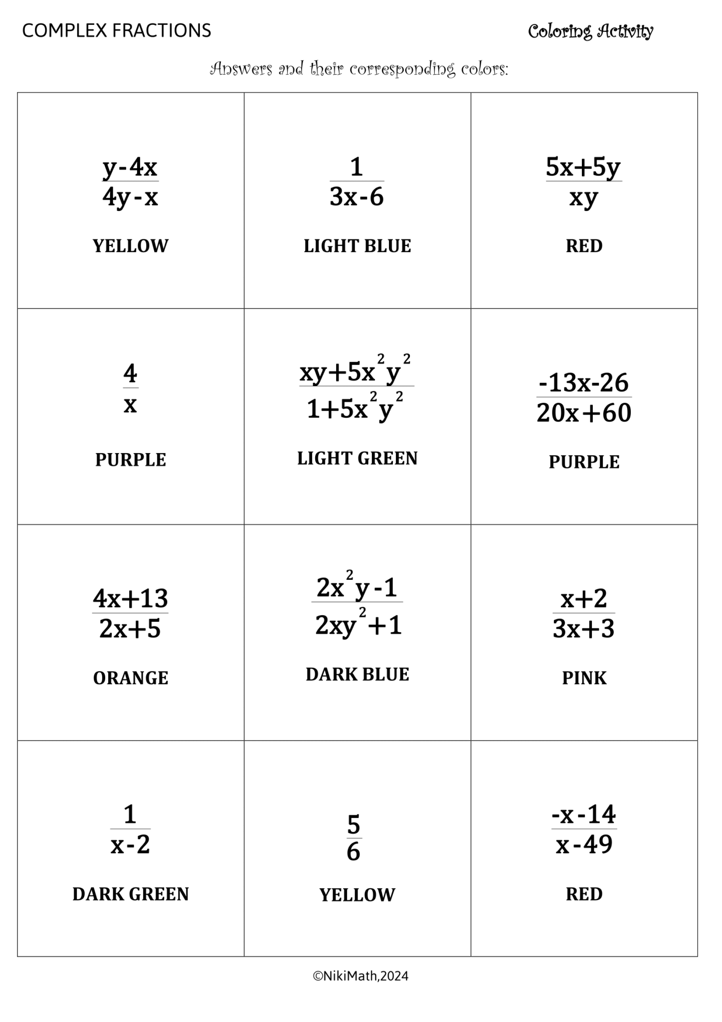 Complex Fractions - Coloring Activity/Color by Code - Teacher ...