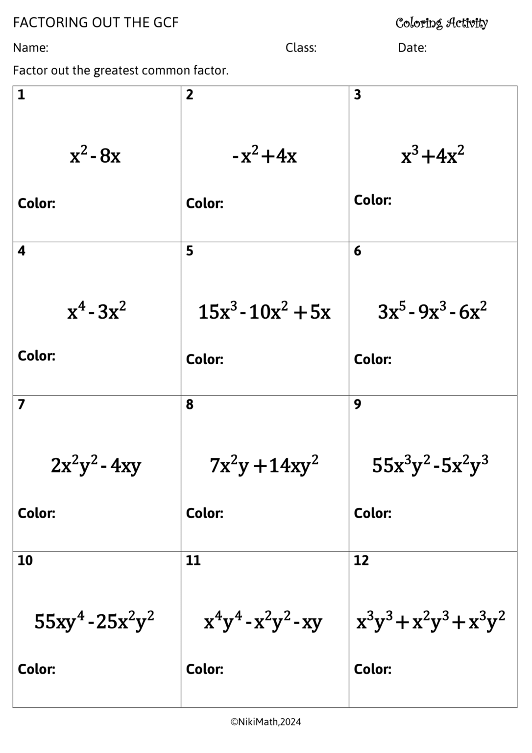 Factoring Out the GCF - Coloring Activity/Color by Code - Teacher ...