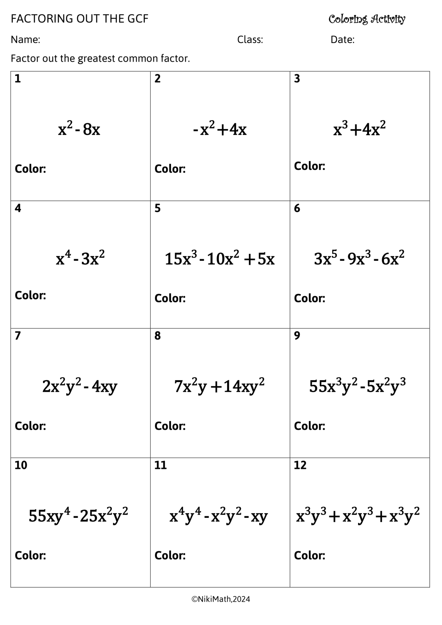Factoring Out the GCF - Coloring Activity/Color by Code - Teacher ...