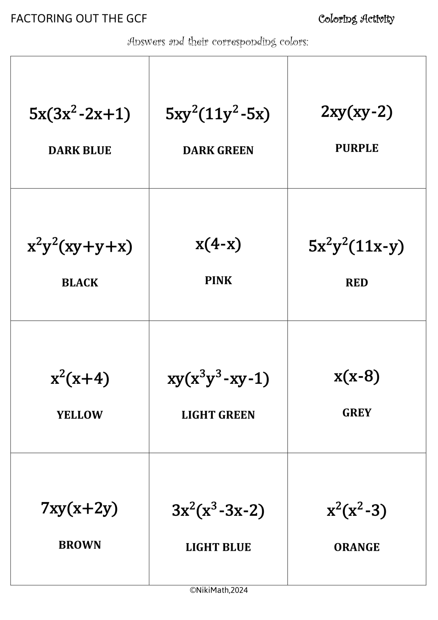 Factoring Out the GCF - Coloring Activity/Color by Code - Teacher ...