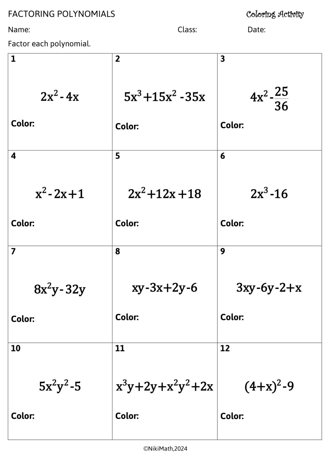 Factoring Polynomials - Coloring Review Activity/Color by Code ...