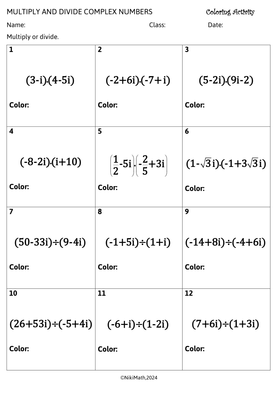 Multiply and Divide Complex Numbers - Coloring Activity/Color by Code ...