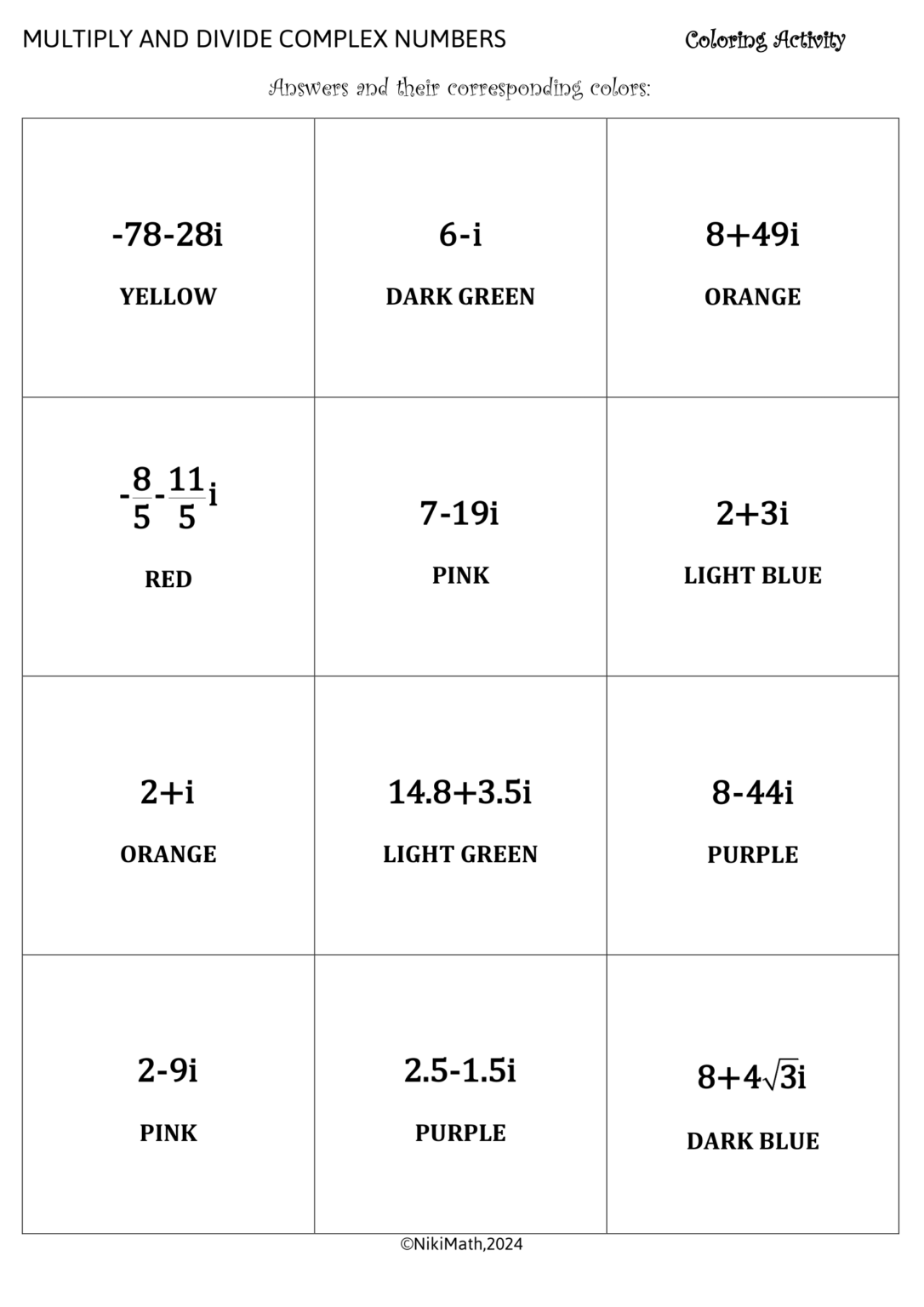 Multiply and Divide Complex Numbers - Coloring Activity/Color by Code ...