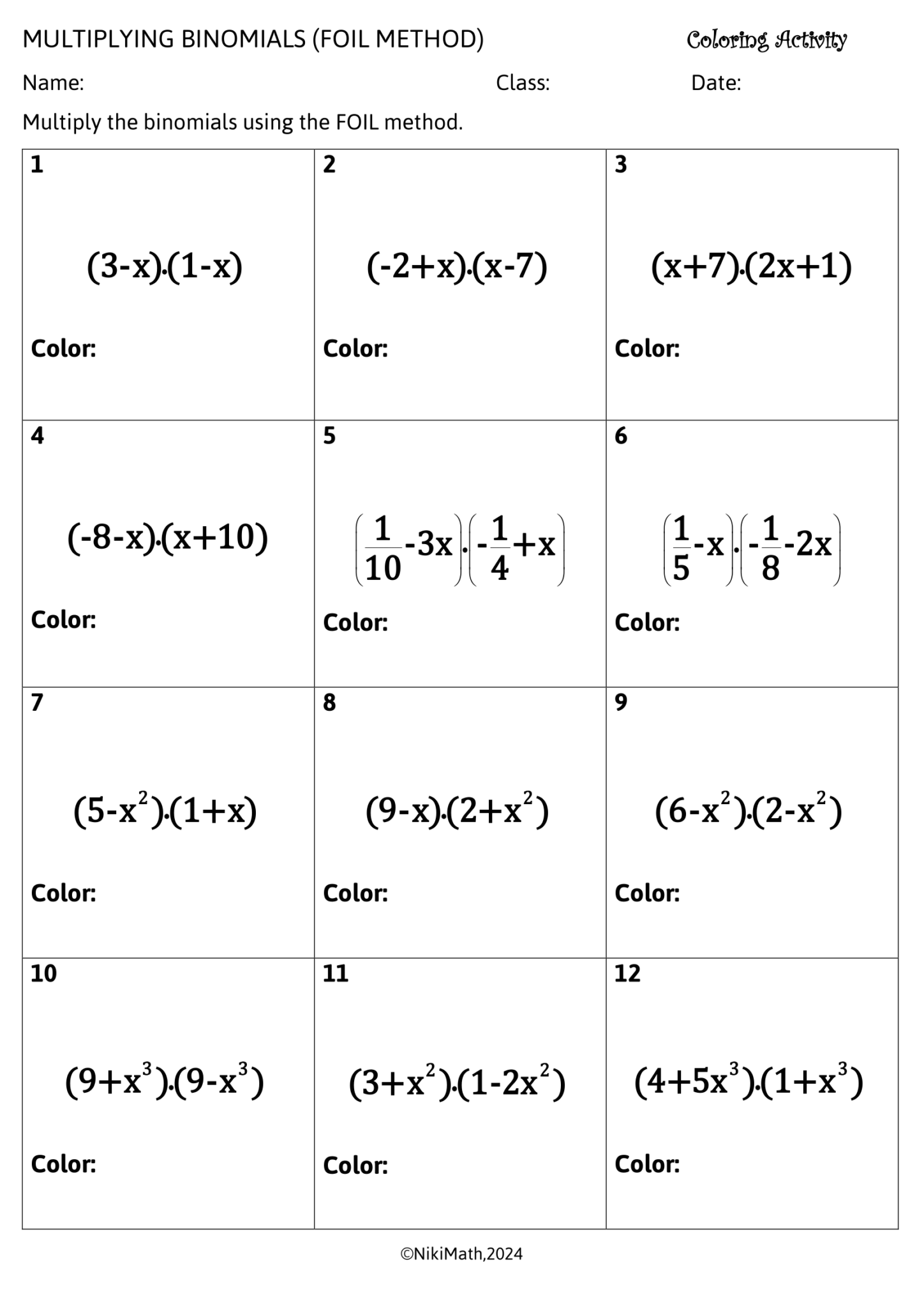 Multiplying Binomials (FOIL Method) - Color by Code - Teacher ...