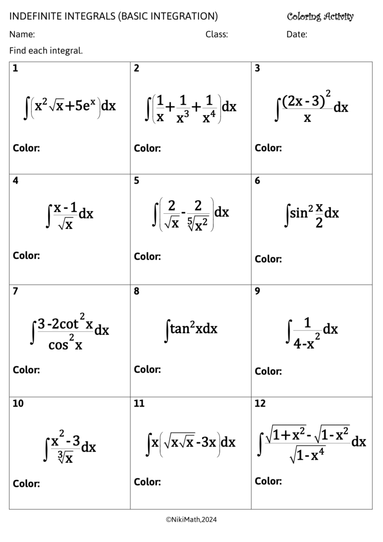 Calculus: Indefinite Integrals (Basic Integration) - Color by Code - Teacher Professional ...