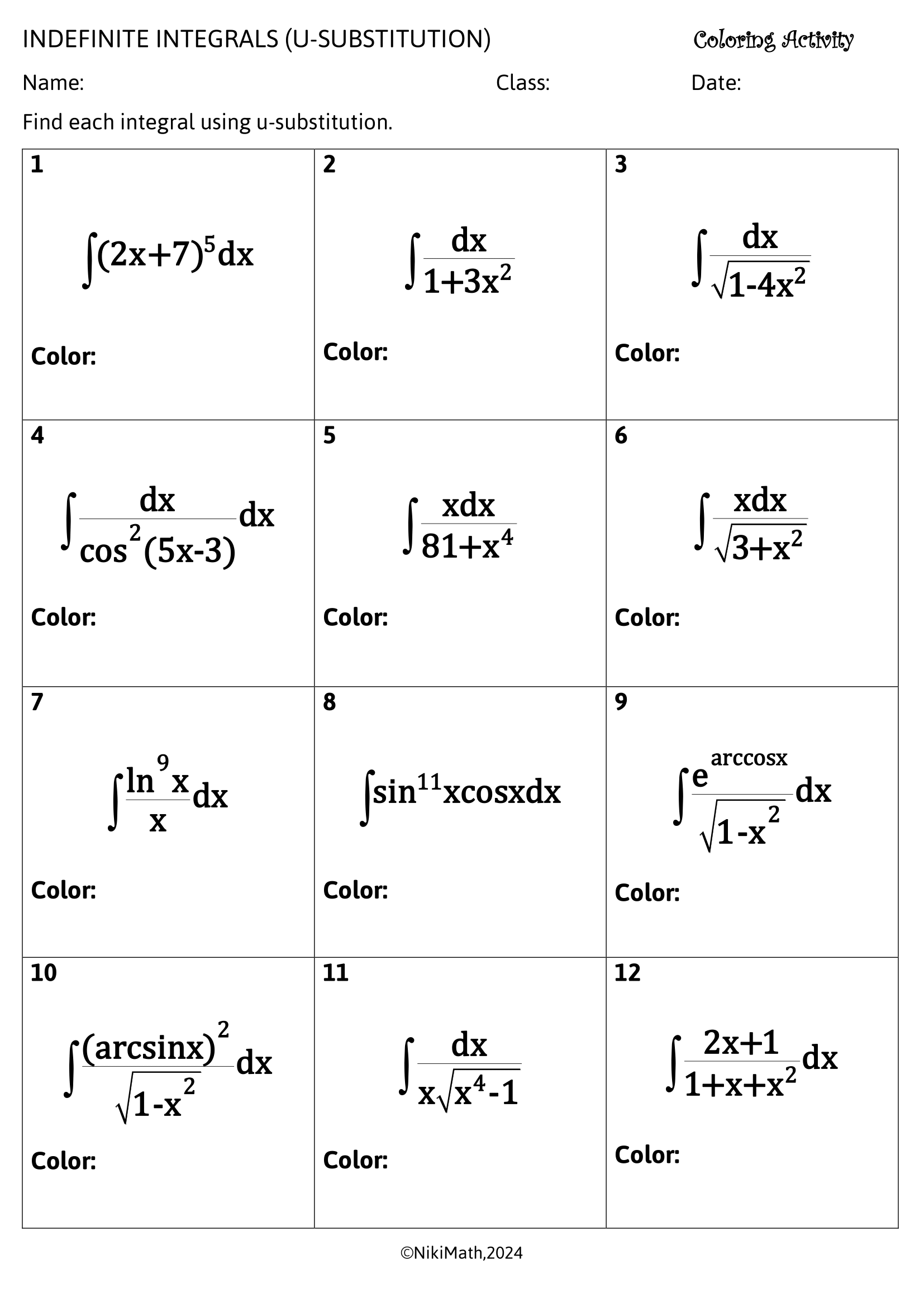 Calculus: Indefinite Integrals U-Substitution - Color by Code - Teacher Professional Development