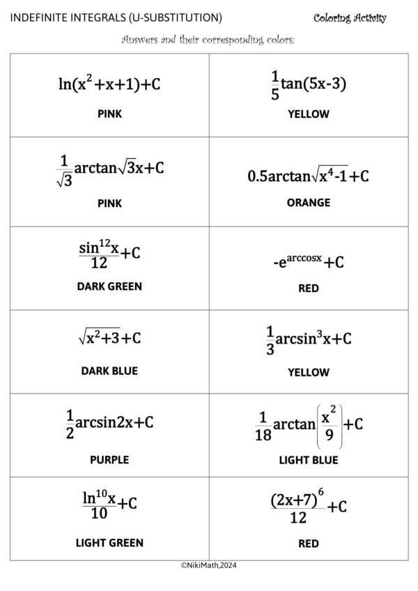 Calculus: Indefinite Integrals U-Substitution - Color by Code - Teacher ...