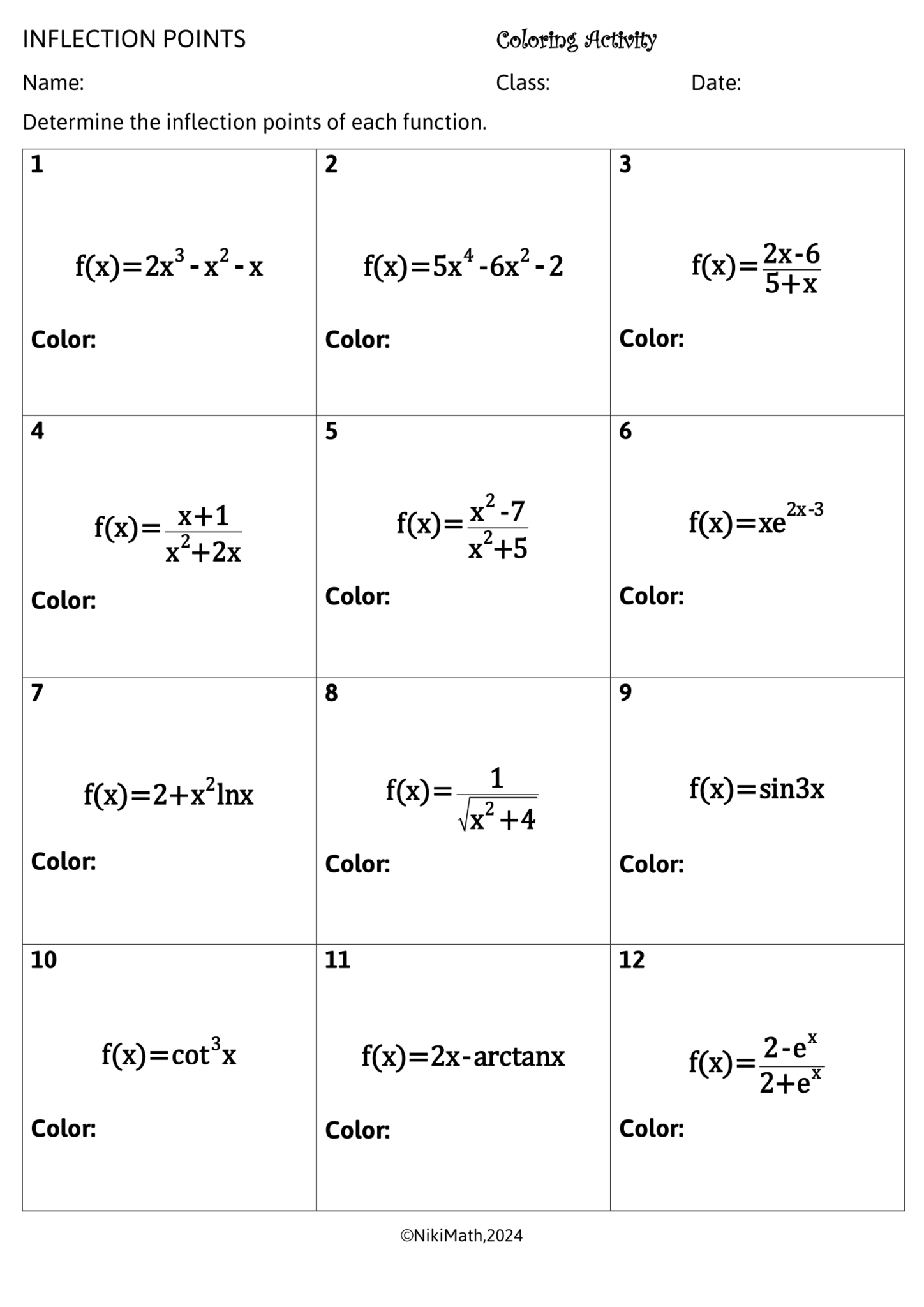 Calculus: Inflection Points - Coloring Activity/Color by Code - Teacher ...
