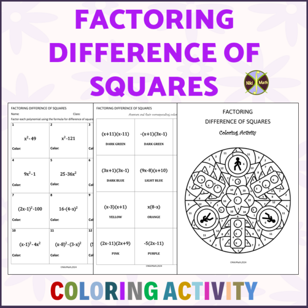 Factoring Difference of Squares - Coloring Activity/Color by Code ...