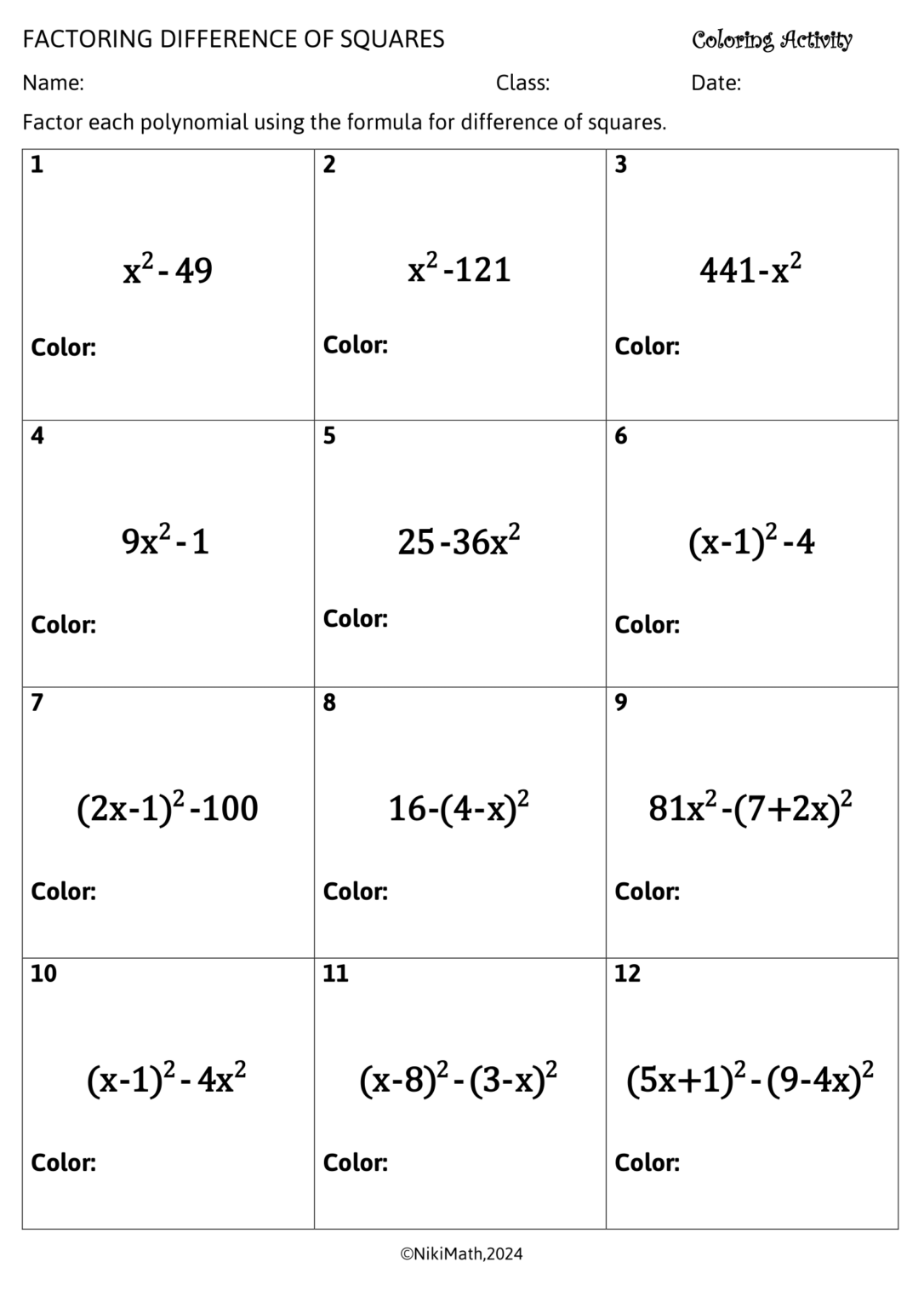 Factoring Difference of Squares - Coloring Activity/Color by Code ...