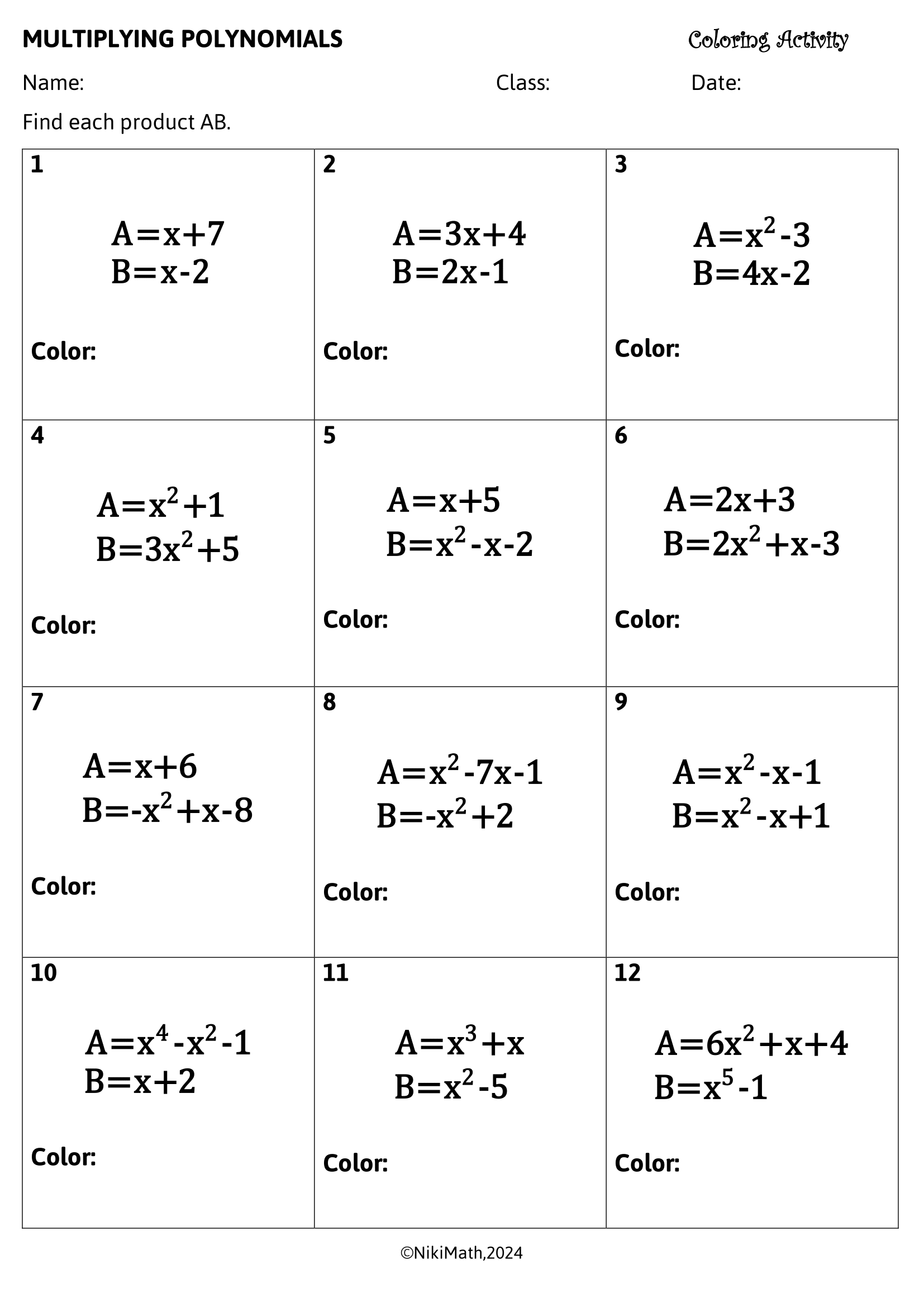 Multiplying Polynomials - Color by Code - Teacher Professional Development