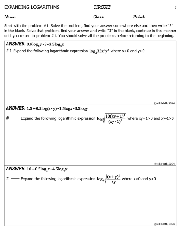 Expanding Logarithms - Circuit (11 challenging problems) - Teacher ...