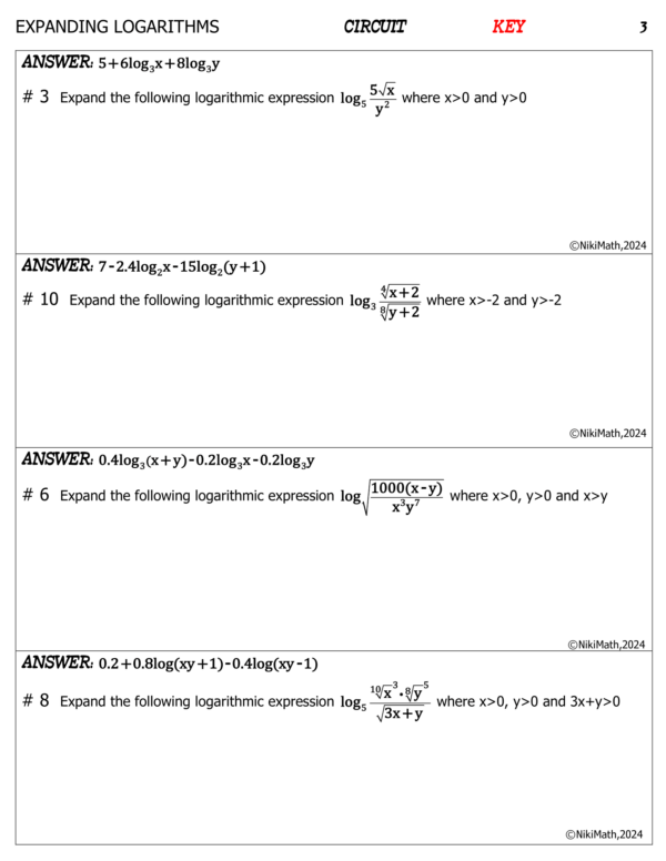 Expanding Logarithms - Circuit (11 challenging problems) - Teacher ...