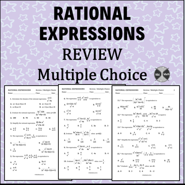 Rational Expressions Review - 16 Multiple Choice Questions - Teacher ...
