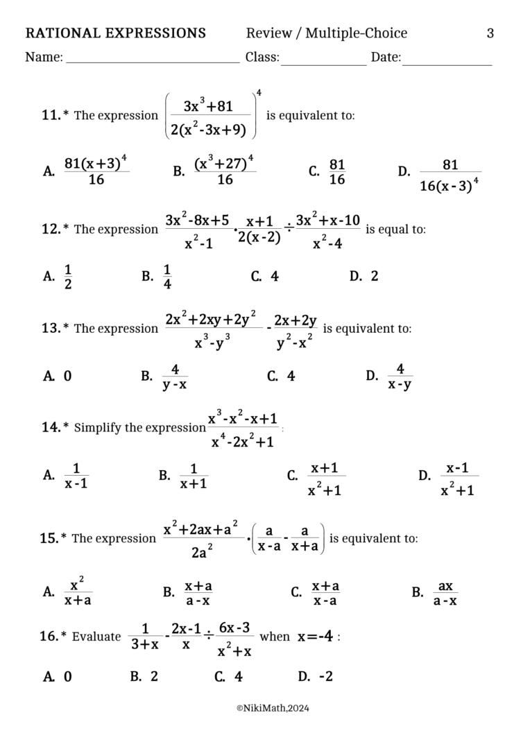 Rational Expressions Review - 16 Multiple Choice Questions - Teacher ...
