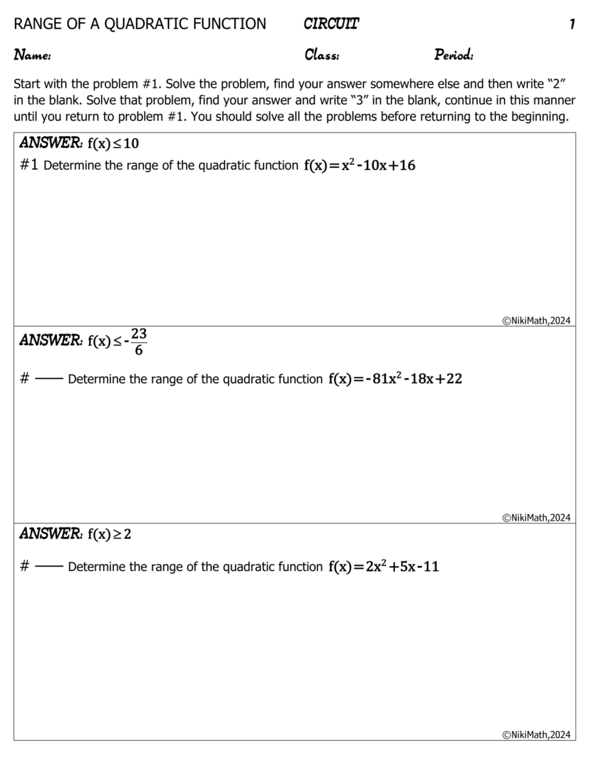 Range of a Quadratic Function - Circuit (11 problems + typed solutions ...