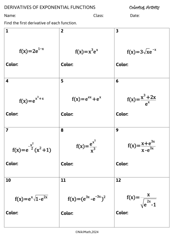 Derivatives of Exponential Functions - Color by Code - Teacher ...
